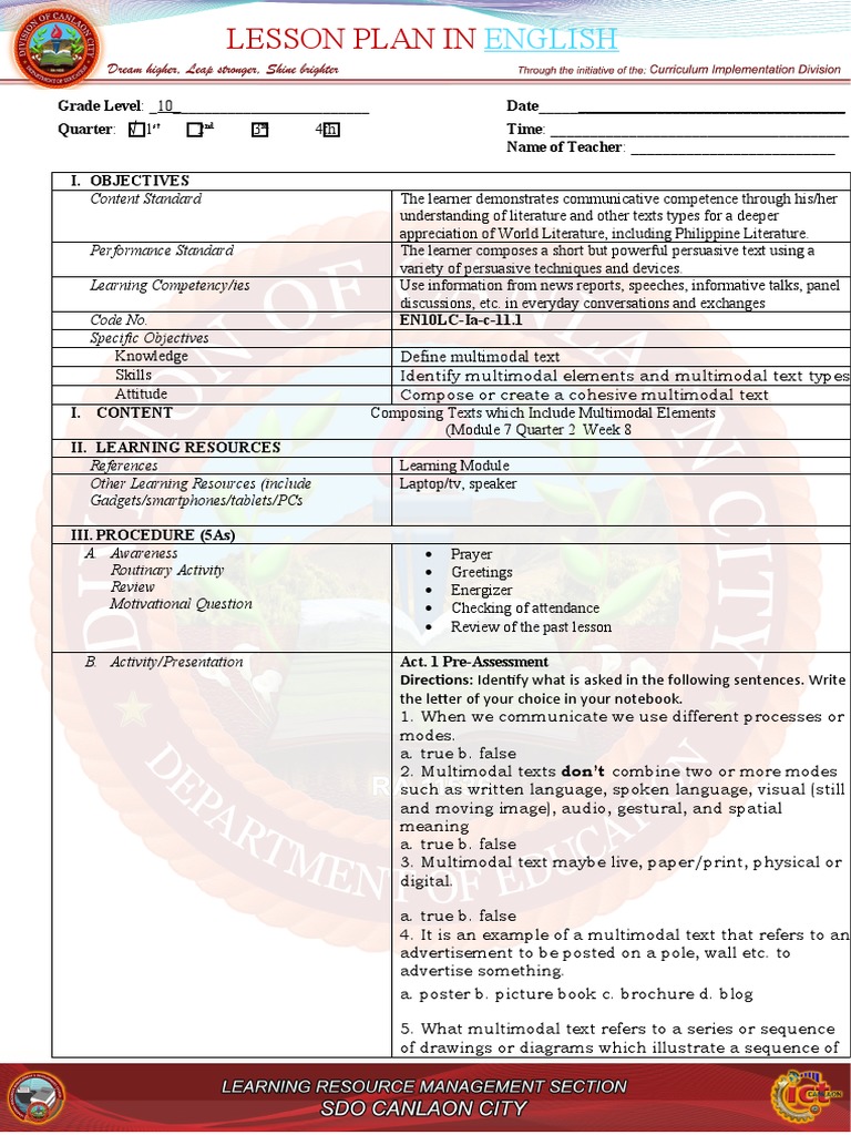 Q2 - Eng10 - WK8 - Day 1 | PDF | Lesson Plan | Learning