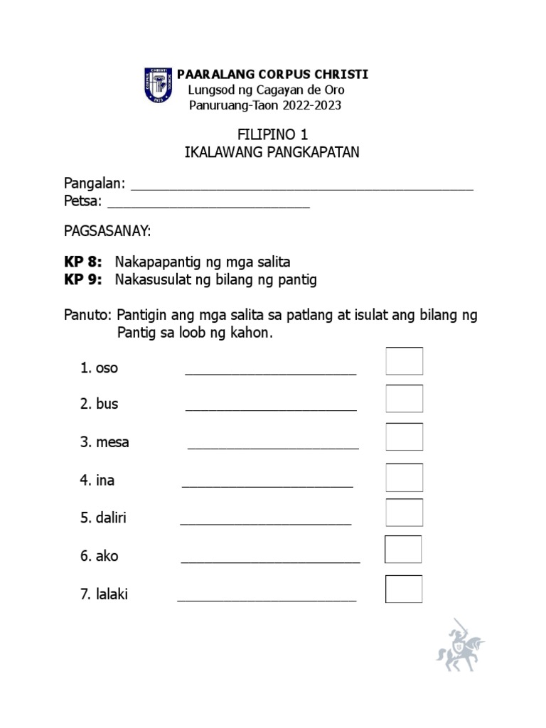 Exh5m3os9 - FILIPINO 1 - Pagsasanay - Pagpantig NG Salita-Bilang NG Pantig | PDF
