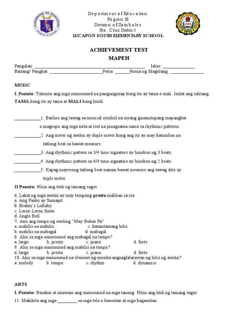 Mapeh-Achievement Test-2021-2022 | PDF