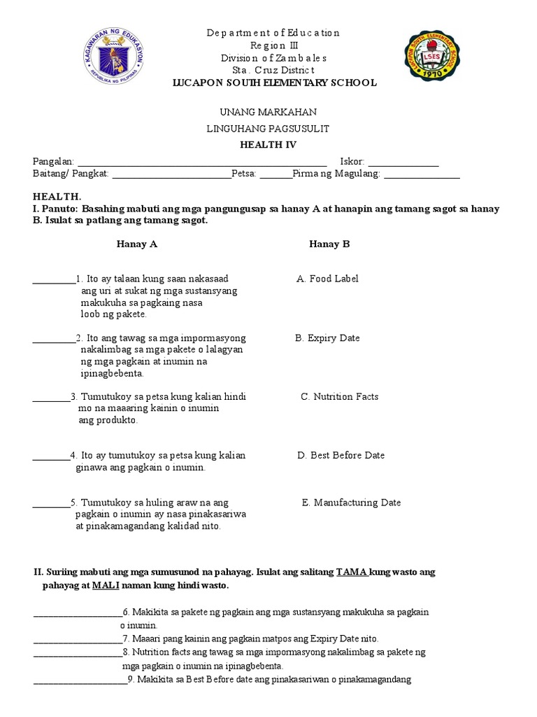 Grade 4 Q1-Summative Test-HEALTH-W1-W2 | PDF