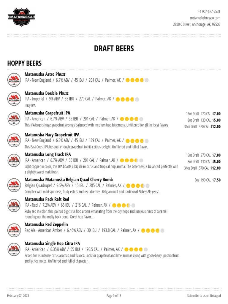 Matanuska Brewing Company Beer Menu | PDF | Beer | Ale