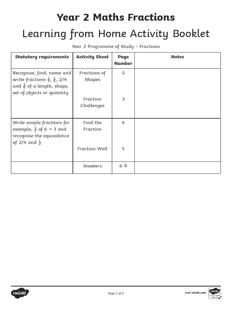 T N 252538 Year 2 Maths Fractions Home Learning Activity Booklet - Ver ...