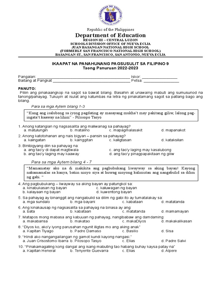 Filipino 9 4th PT Test Answer Key | PDF
