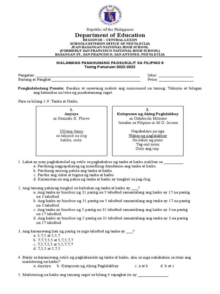 Filipino 9 Test and Answer Key | PDF