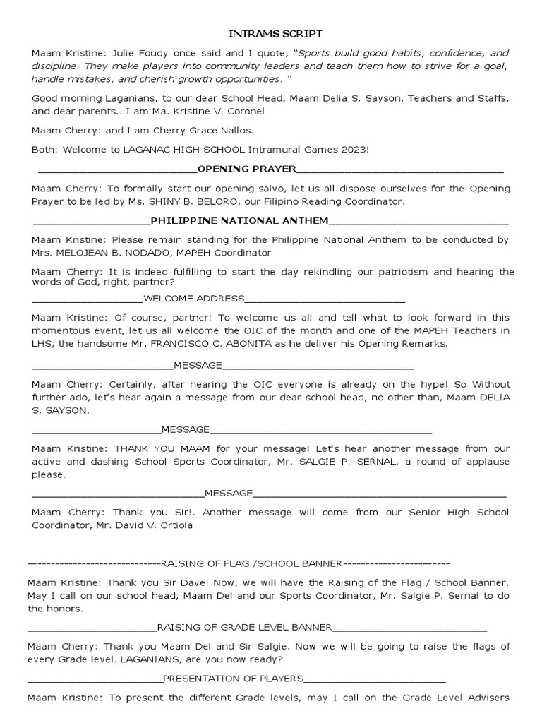 Intrams Script | PDF | Cheerleading | Performing Arts