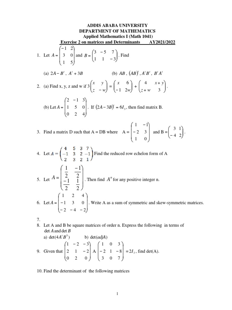 Math1041worksheeton Matricesanddeterminants | PDF