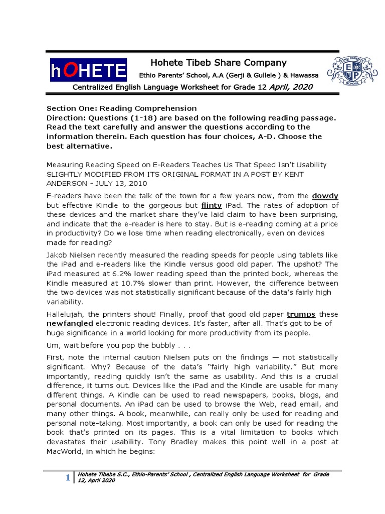 Grade 12 English Comprehension Worksheet | PDF | E Reader | Amazon Kindle