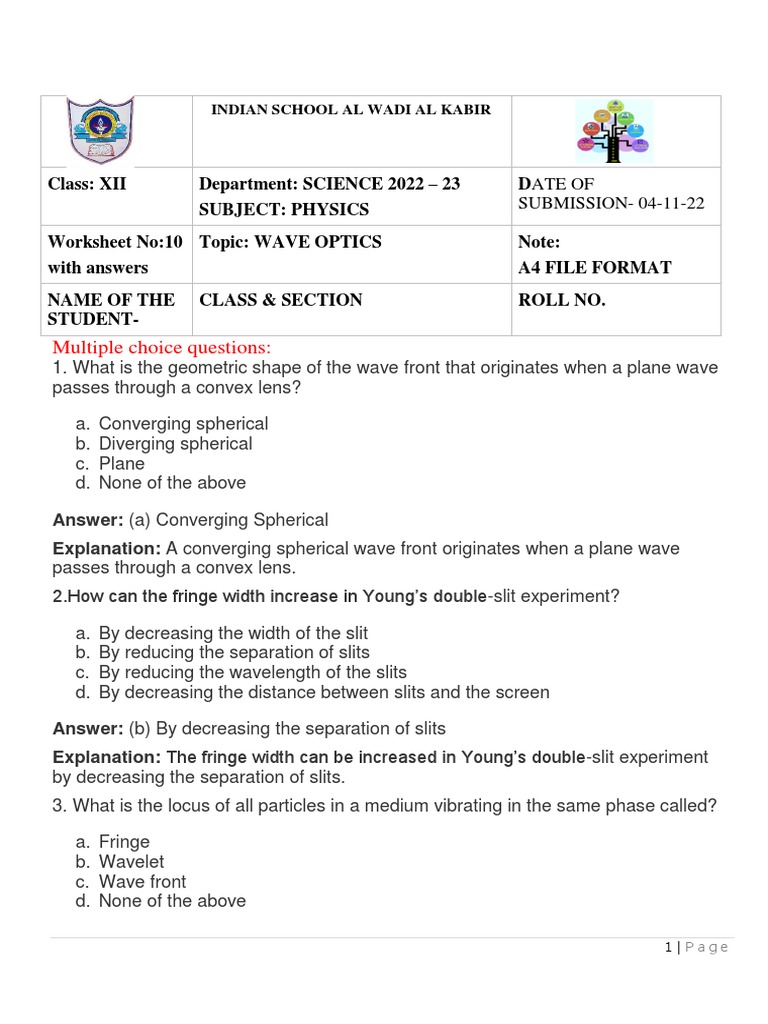 Wave Optics Worksheet for Class XII | PDF | Diffraction | Wavelength