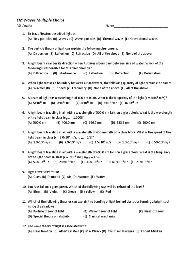 EM Waves Physics MCQ Exam Guide | PDF | Electromagnetic Radiation | Light