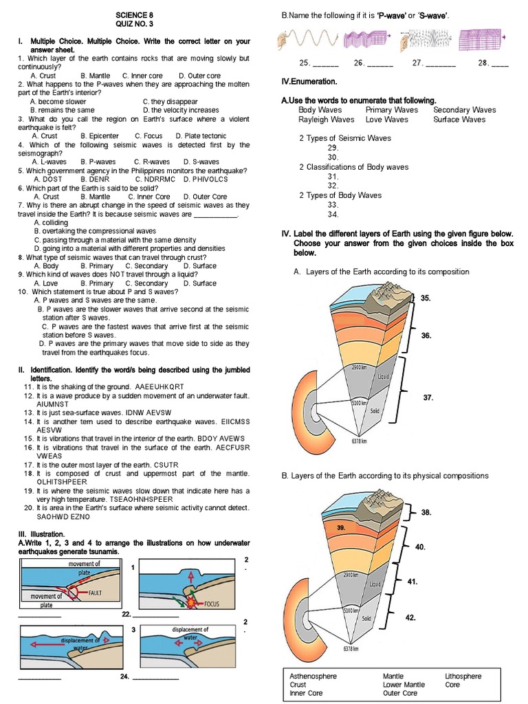 Earth Layers and Seismic Waves Quiz | PDF | Science & Mathematics