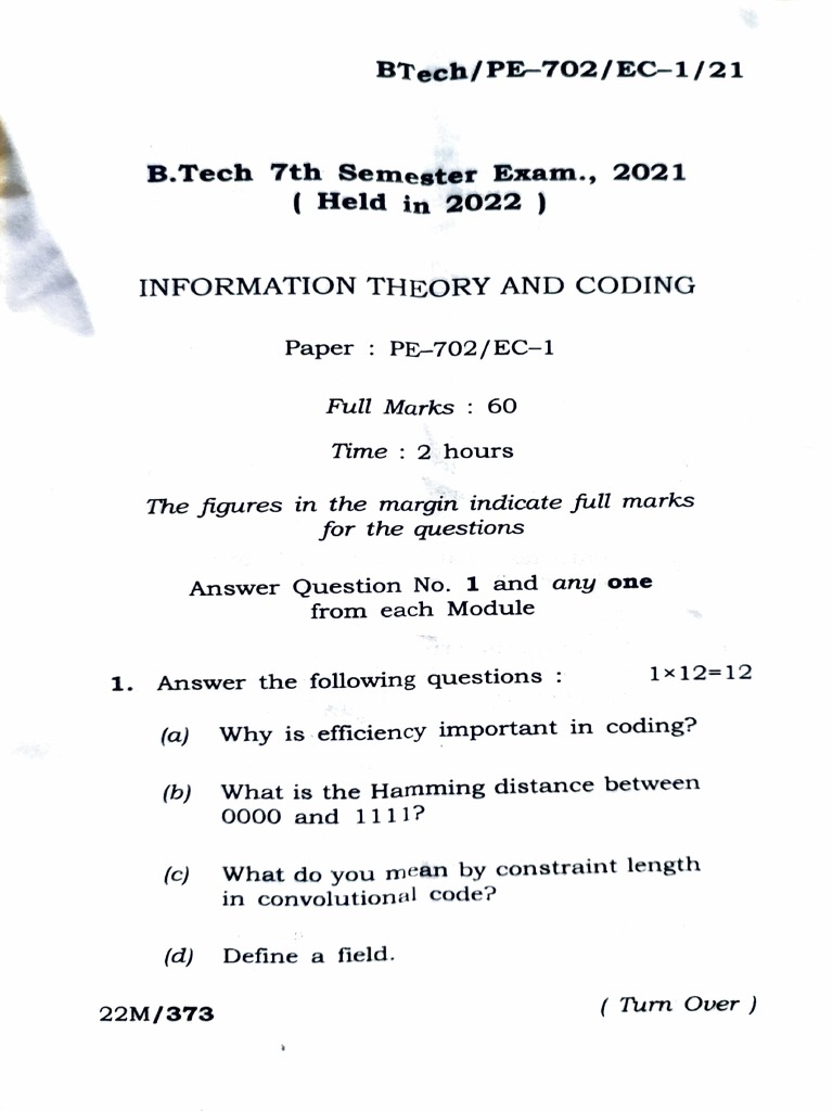 Information Theory and Coding SEE QP 2021-22 | PDF | Discrete ...