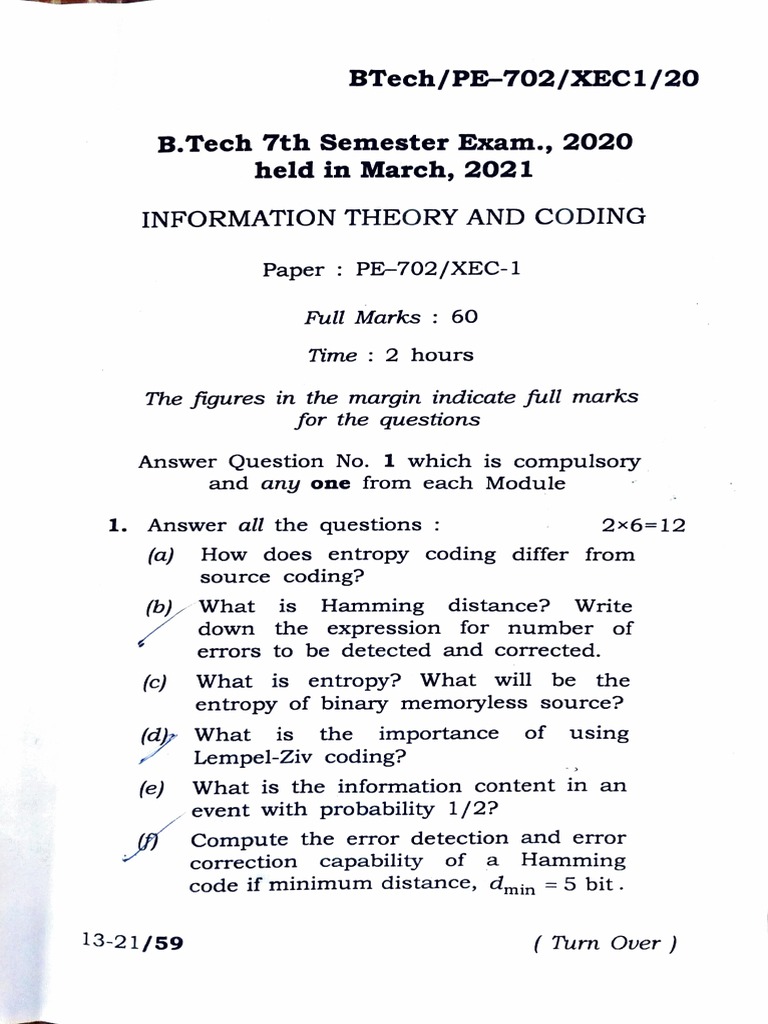ITC Exam Paper: Information Theory 2020 | PDF | Discrete Mathematics ...