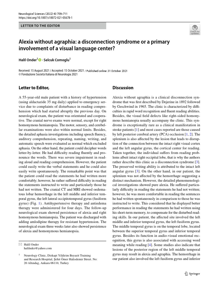 Alexia Without Agraphia | PDF | Temporal Lobe | Dyslexia