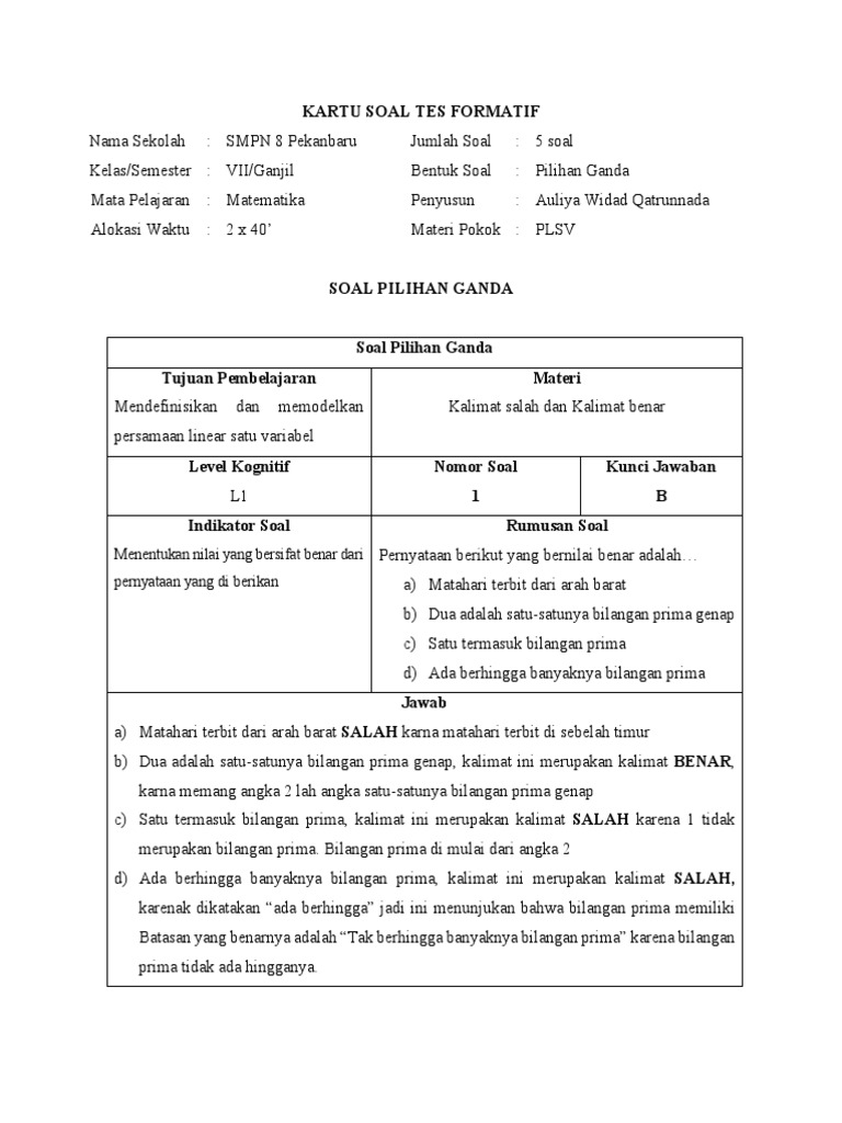 Kartu Soal Tes Formatif PLSV | PDF