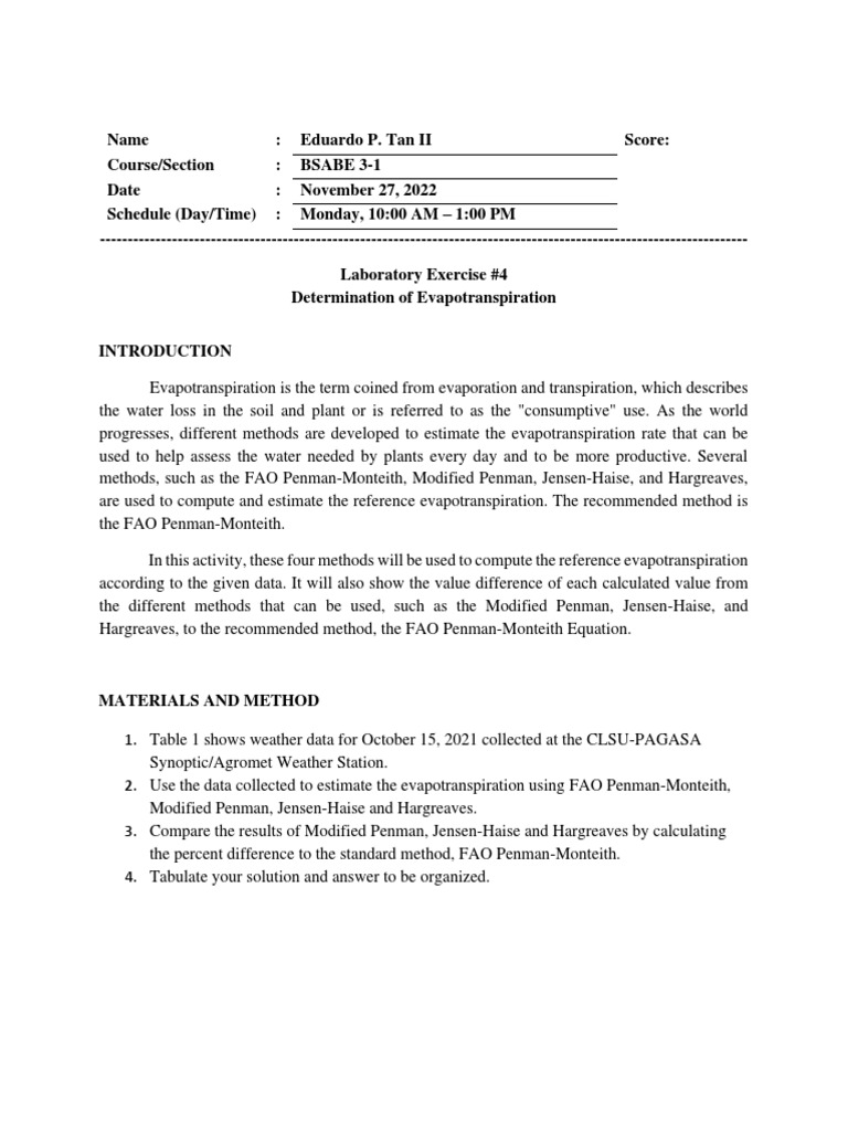 Laboratory Exercise 4 Evapotranspiration Tan Eduardo II P. | Download Free PDF ...