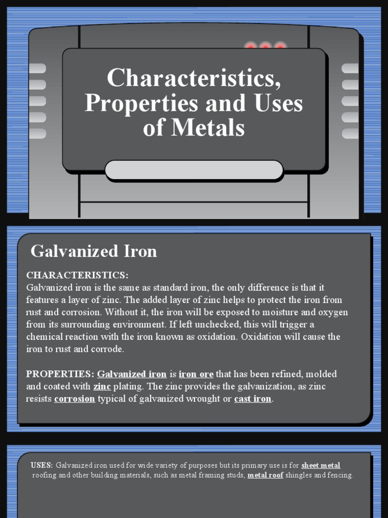 Characteristics Properties and Uses in Metal | PDF | Steel | Corrosion