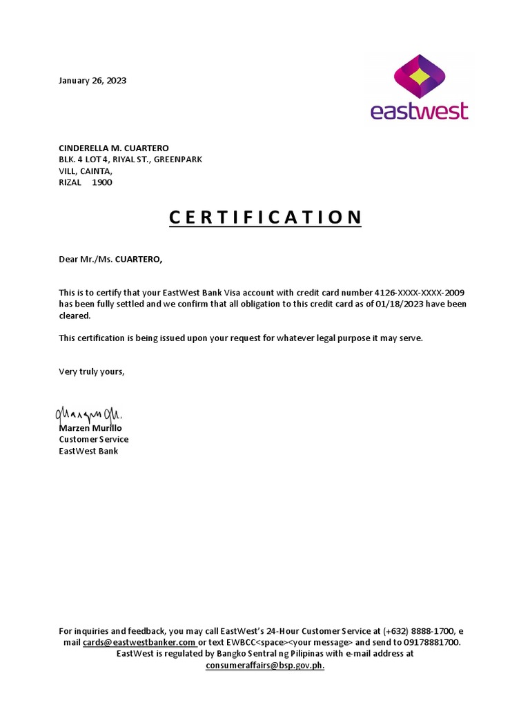 Bank Cert EastWest | PDF | Finance & Money Management