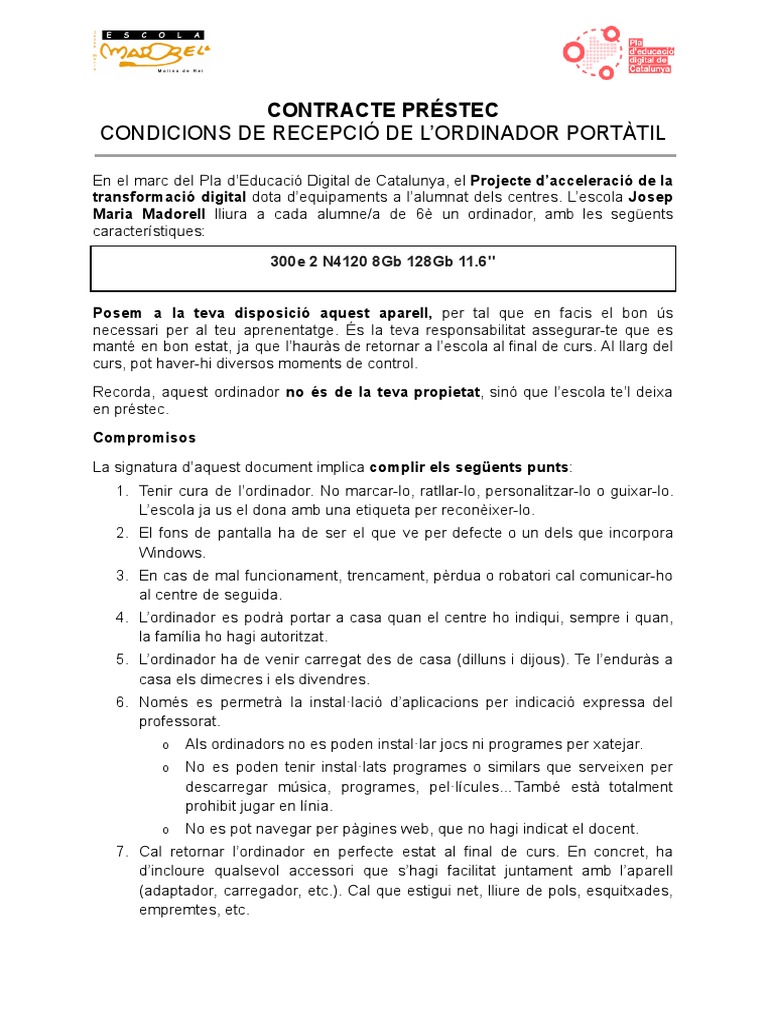 Contracte Préstec 1x1 Madorell | PDF