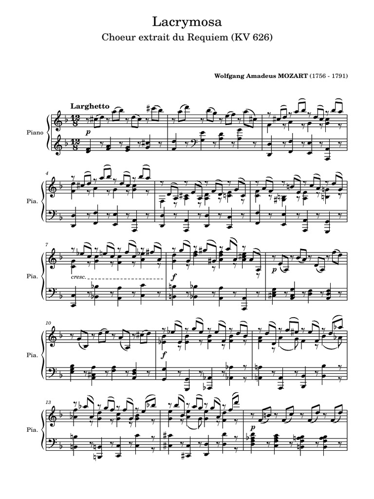Lacrymosa Requiem Mozart Piano | PDF