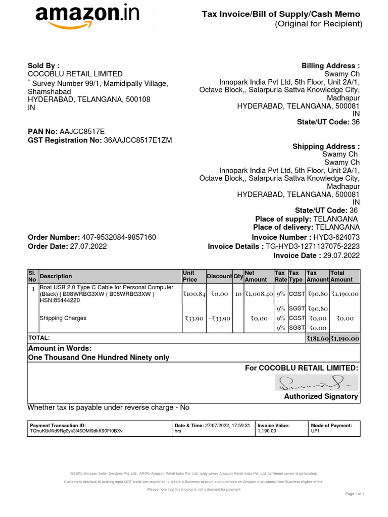 01. Amazon Seller Services Mumbai (7350) - Invoice 2 (1190) | PDF ...