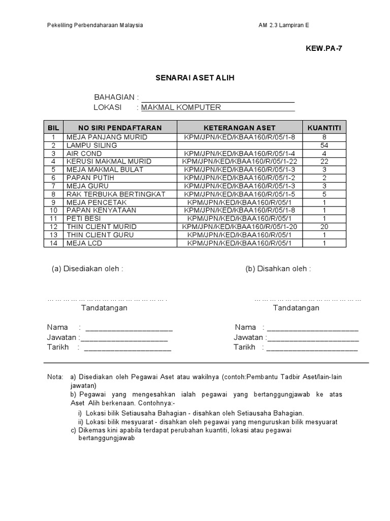 Kew - Pa-7 Borang Senarai Aset Alih | PDF