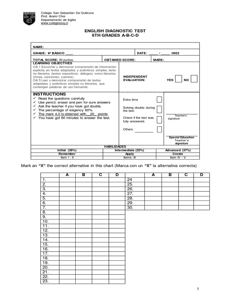 English Diagnostic Test 6to Básico 2023 | PDF | Pinniped