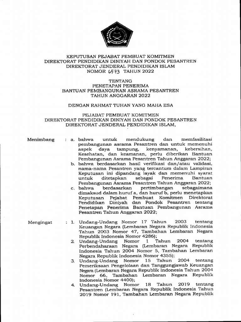 SK Penetapan Penerima Bantuan Pembangunan Asrama Pondok Pesantren TA 2022 | PDF