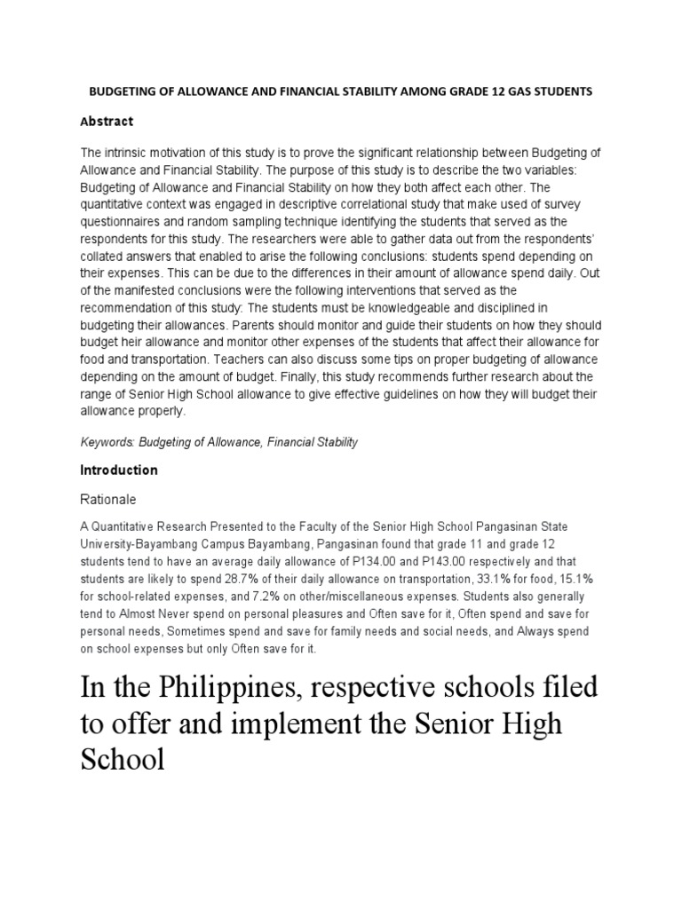 Budgeting of Allowance and Financial Stability | PDF | Survey ...