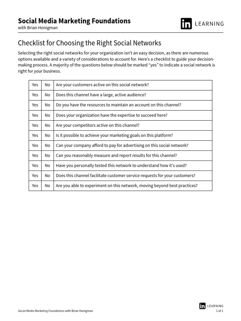 Social Media Network Selection Checklist | PDF