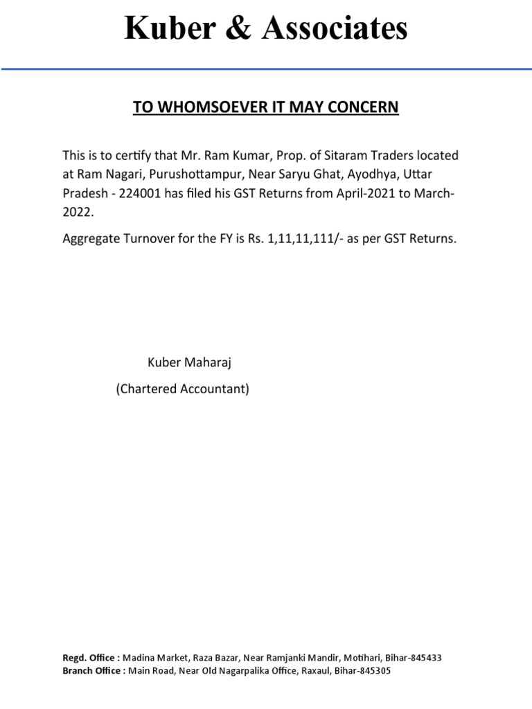 CA Certified Turnover Certificate for GST | PDF