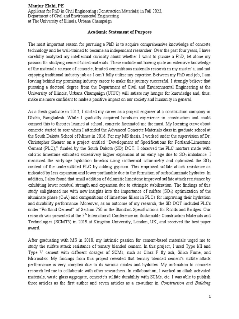 Academic Statement of Purpose - Manjur Elahi - UIUC | PDF | Cement | Concrete