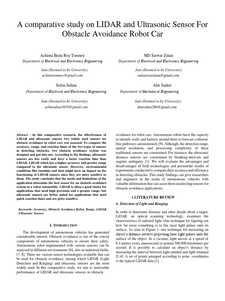 A Comparative Study On LIDAR and Ultrasonic Sensor For Obstacle Avoidance Robot Car | PDF ...