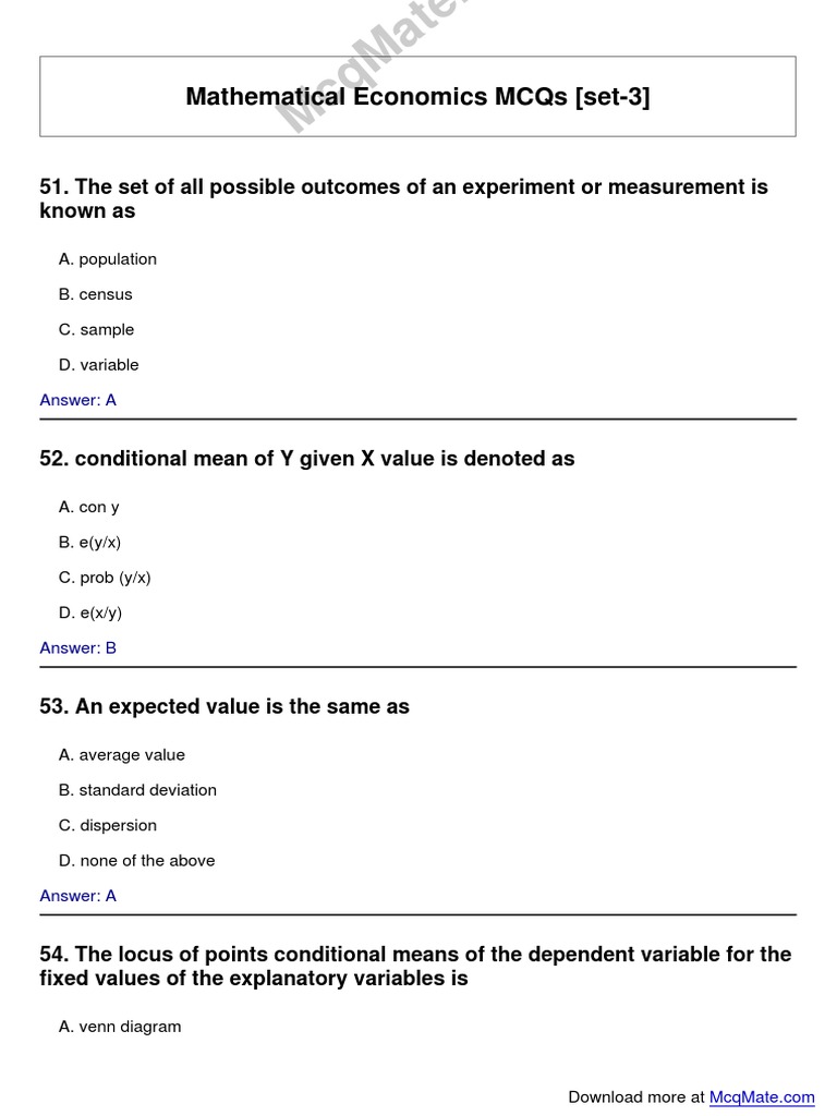 Mathematical-Economics Solved MCQs (Set-3) | PDF | Regression Analysis | Ordinary Least Squares