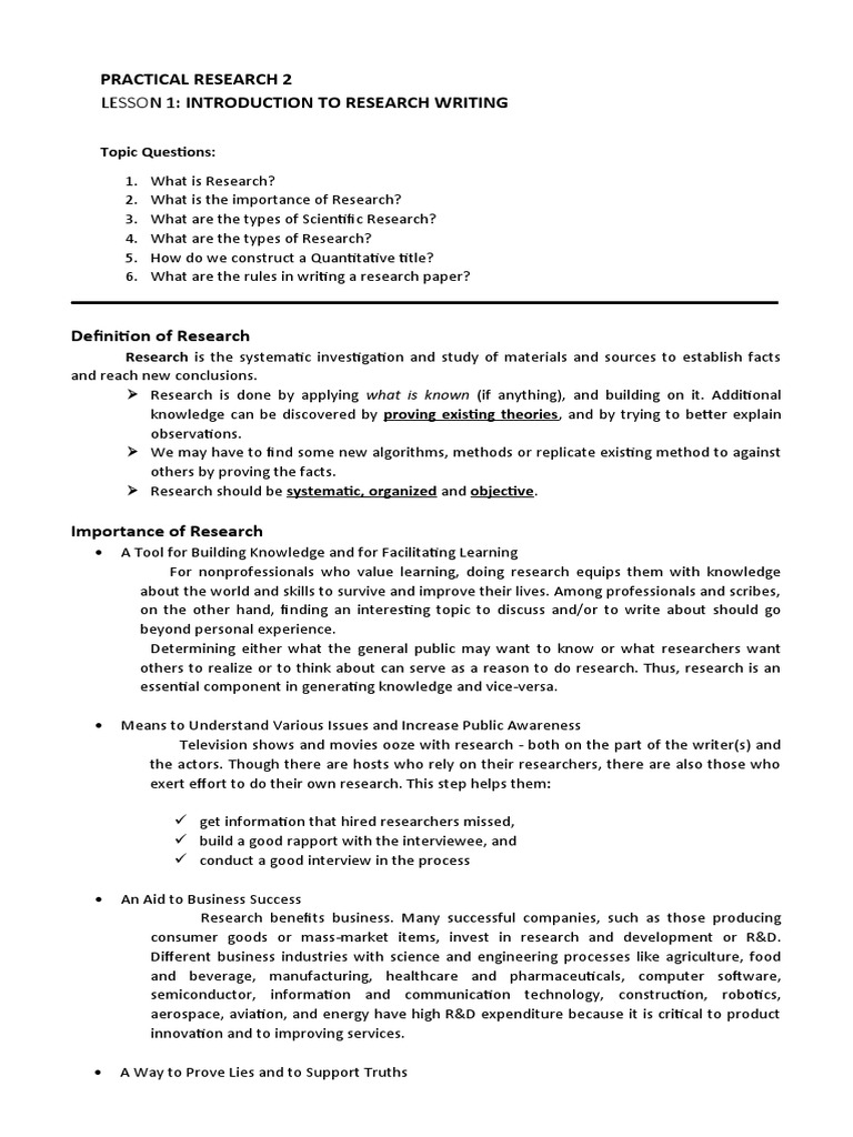 Lesson 1 INTRO Research Writing | PDF | Knowledge | Scientific Method