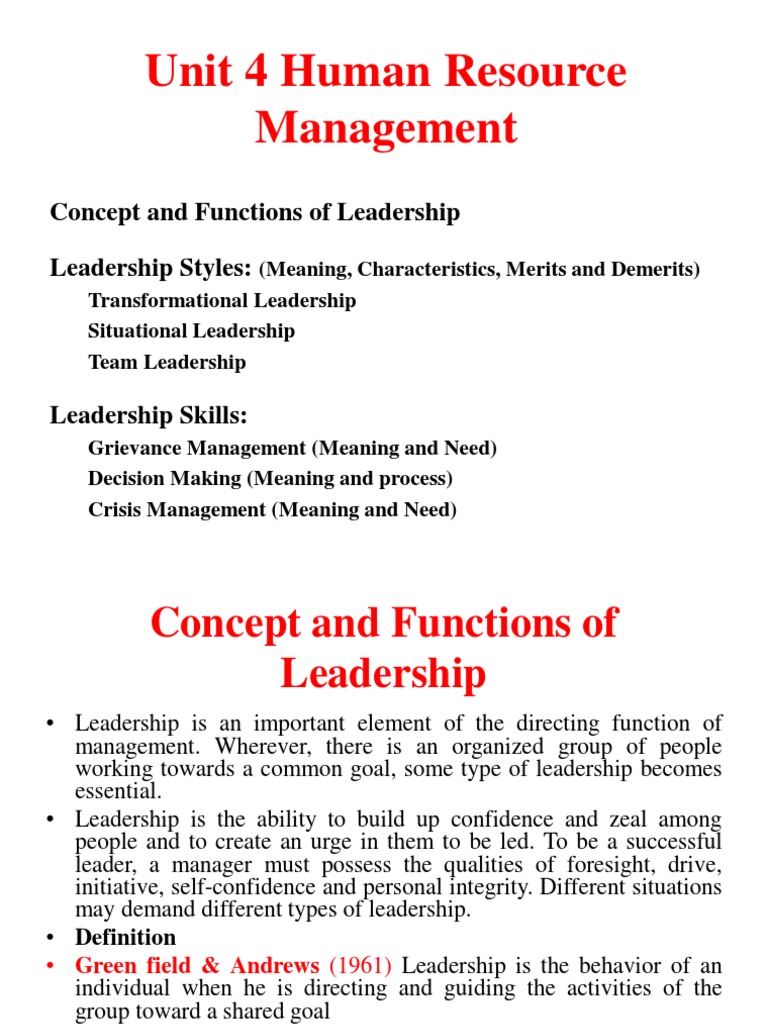 Unit 4 Human Resource Management | PDF | Leadership | Transformational Leadership