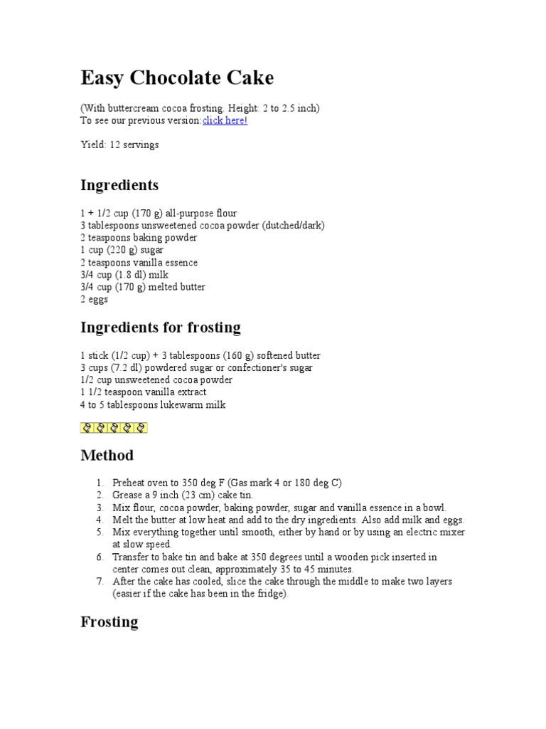 Easy Chocolate Cake Recipe with Frosting | PDF | Cooking, Food & Wine ...