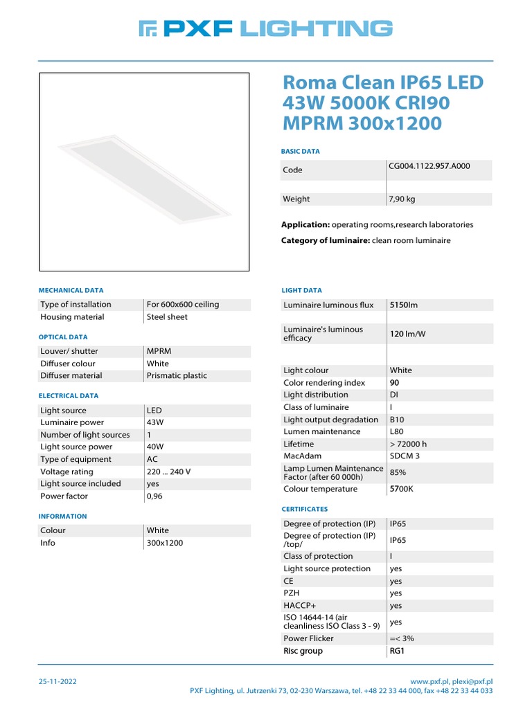 Roma Clean Ip65 Led 43W 5700K Cri90 MPRM 300X1200 | PDF | Lighting ...