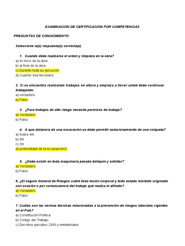 Examen de certificación en seguridad y salud ocupacional: preguntas y respuestas sobre ...
