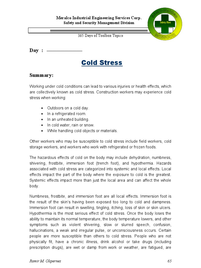 Cold Stress | PDF | Hypothermia | Clinical Medicine