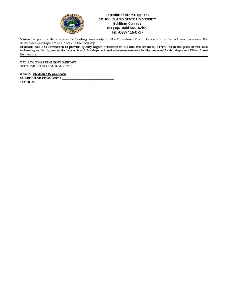 BISU OJT Accomplishment Report 2023 | PDF