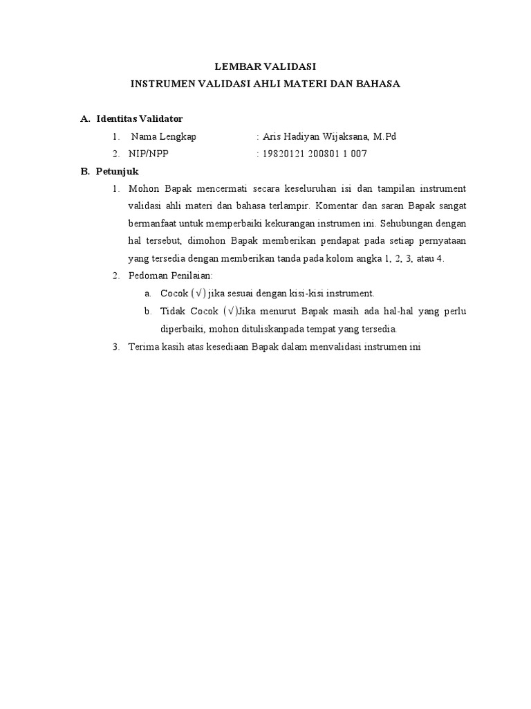 LEMBAR VALIDASI Instrumen Ahli Media, Materi Dan Bahasa | PDF