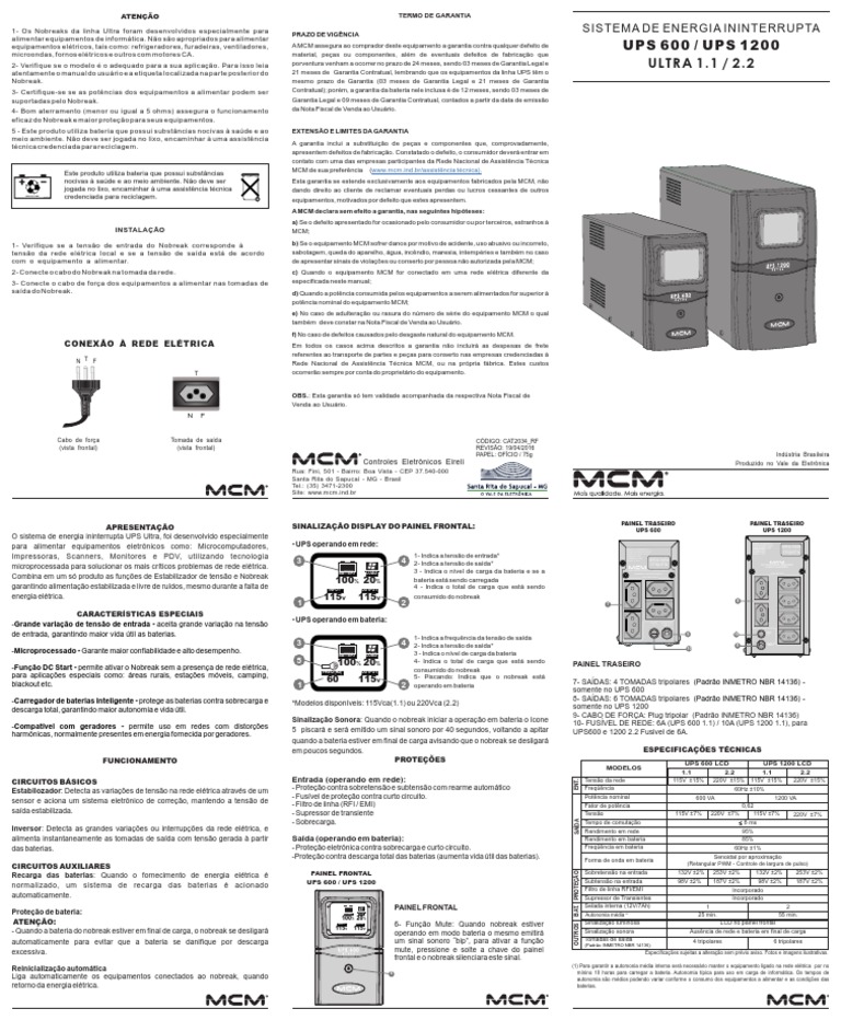 Manual UPS Ultra 600 1200 | PDF | Fonte de energia | Eletricidade