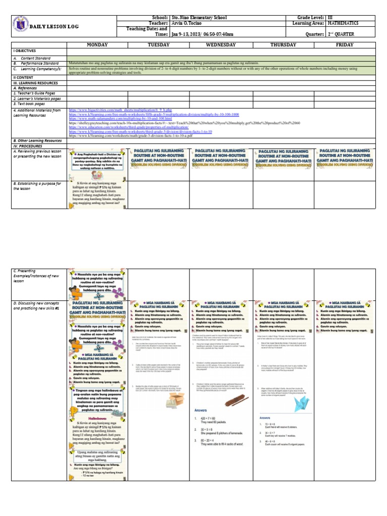 Grade 3 Math DLL: Week 1, Quarter 2 | PDF | Learning | Teachers