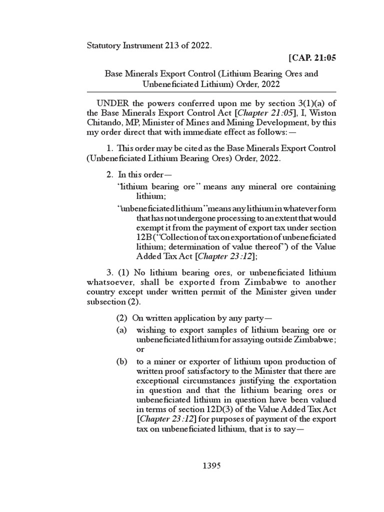 Zimbabwe Lithium Export Control Order 2022 | PDF | Justice | Crime ...