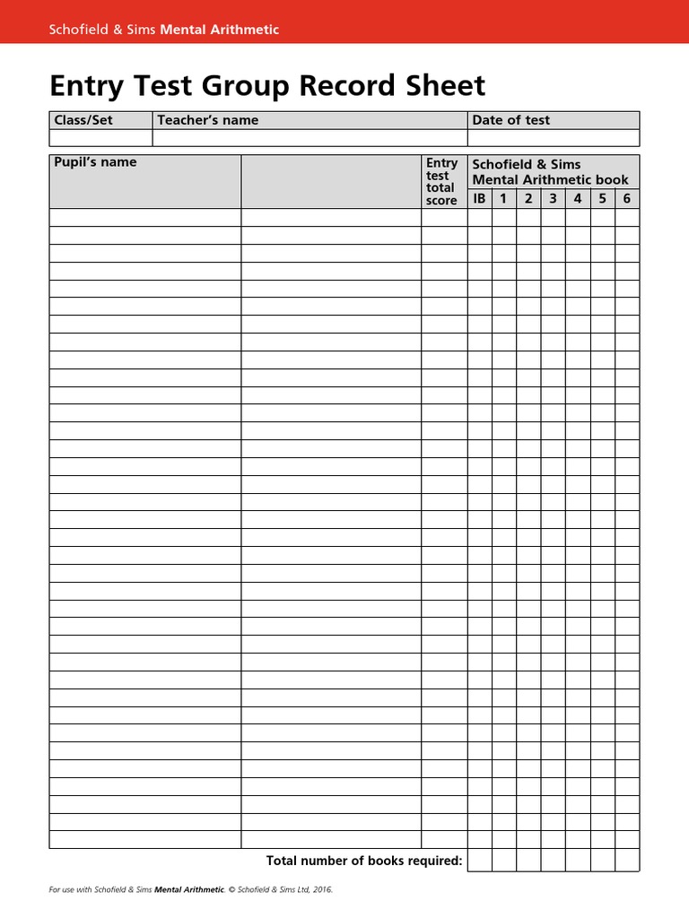 Mental Arithmetic Entry Test Group Record Sheet | PDF