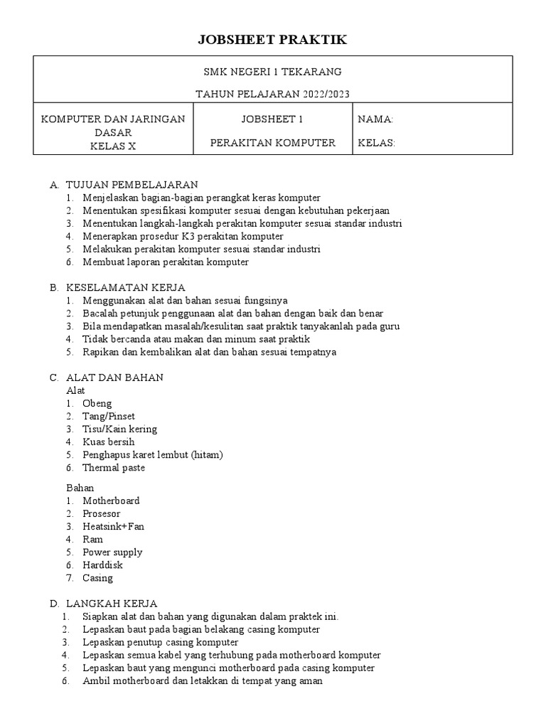 Jobsheet Praktik Perakitan Komputer | PDF
