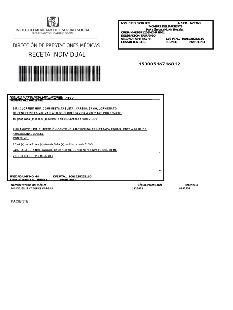 Recetas IMSS: Amoxicilina y Paracetamol | PDF | Drogas