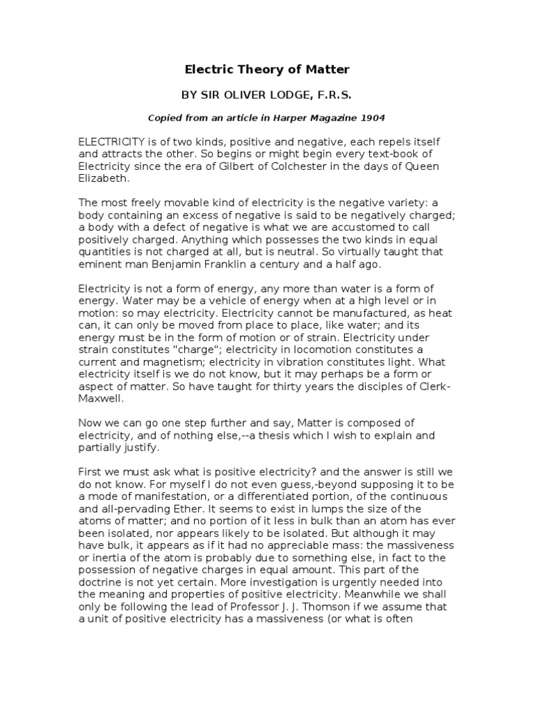 Electric Theory of Matter | PDF | Atoms | Electron