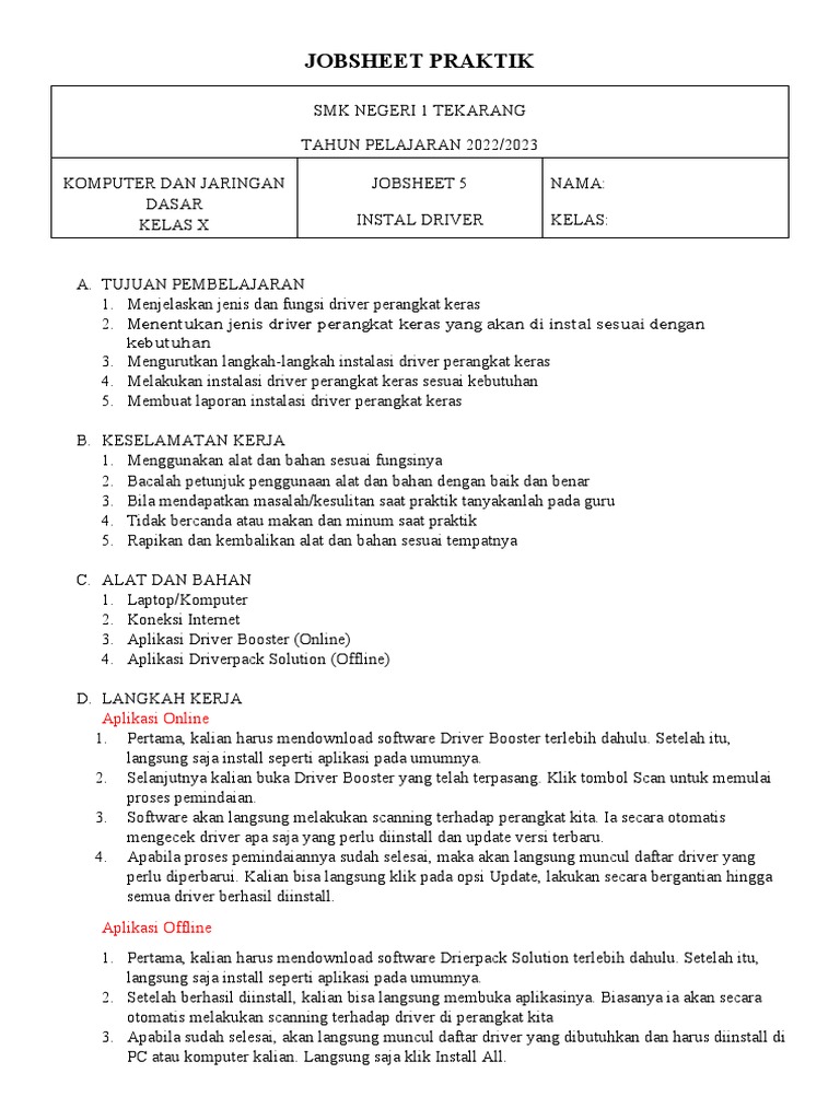 Jobsheet Praktik Instalasi Driver | PDF