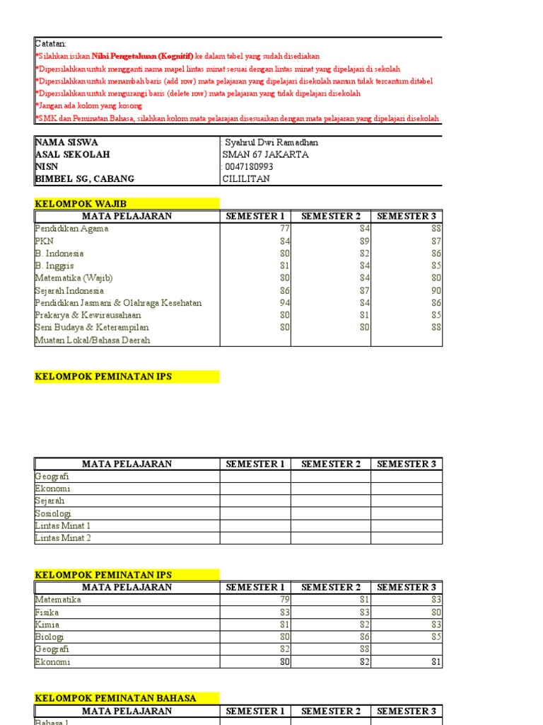 Format Rekap Nilai Rapor Kelas 12 | PDF